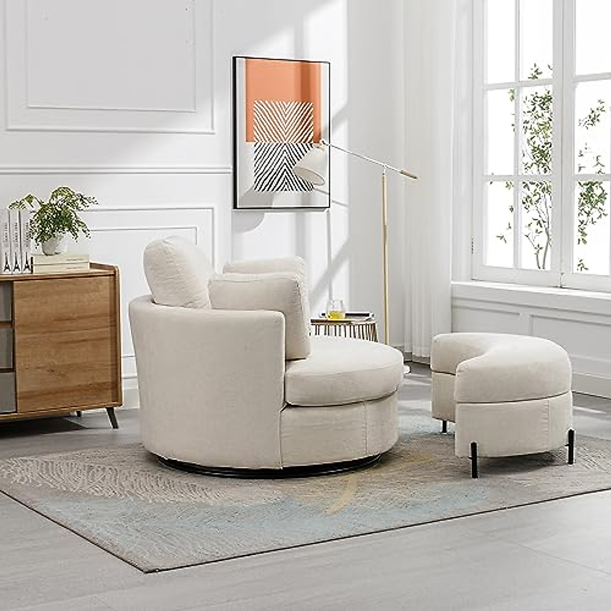 360° Swivel Accent Barrel Chair and Half Crescent Moon Storage Bench Large Ottoman with 4 Pillows,Upholstered Oversized Leisure Round Loveseat Recliner Sofa Chaise Lounge Circle Armchair for Club