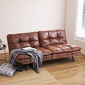 Vyfipt Futon Sofa Bed/Couch, Memory Foam Small Splitback Sofa for Living Room,Modern Loveseat with Covertible Armrests,71" L,Faux Leather/3" Cushion Thicker Version/Brown