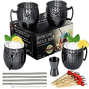 LINALL Moscow Mule Mugs- Set of 4 Gunmetal Black Plated Stainless Steel Mug 18oz, Measuring Cup, Cocktail Picks for Chilled Drinks (4pcs)