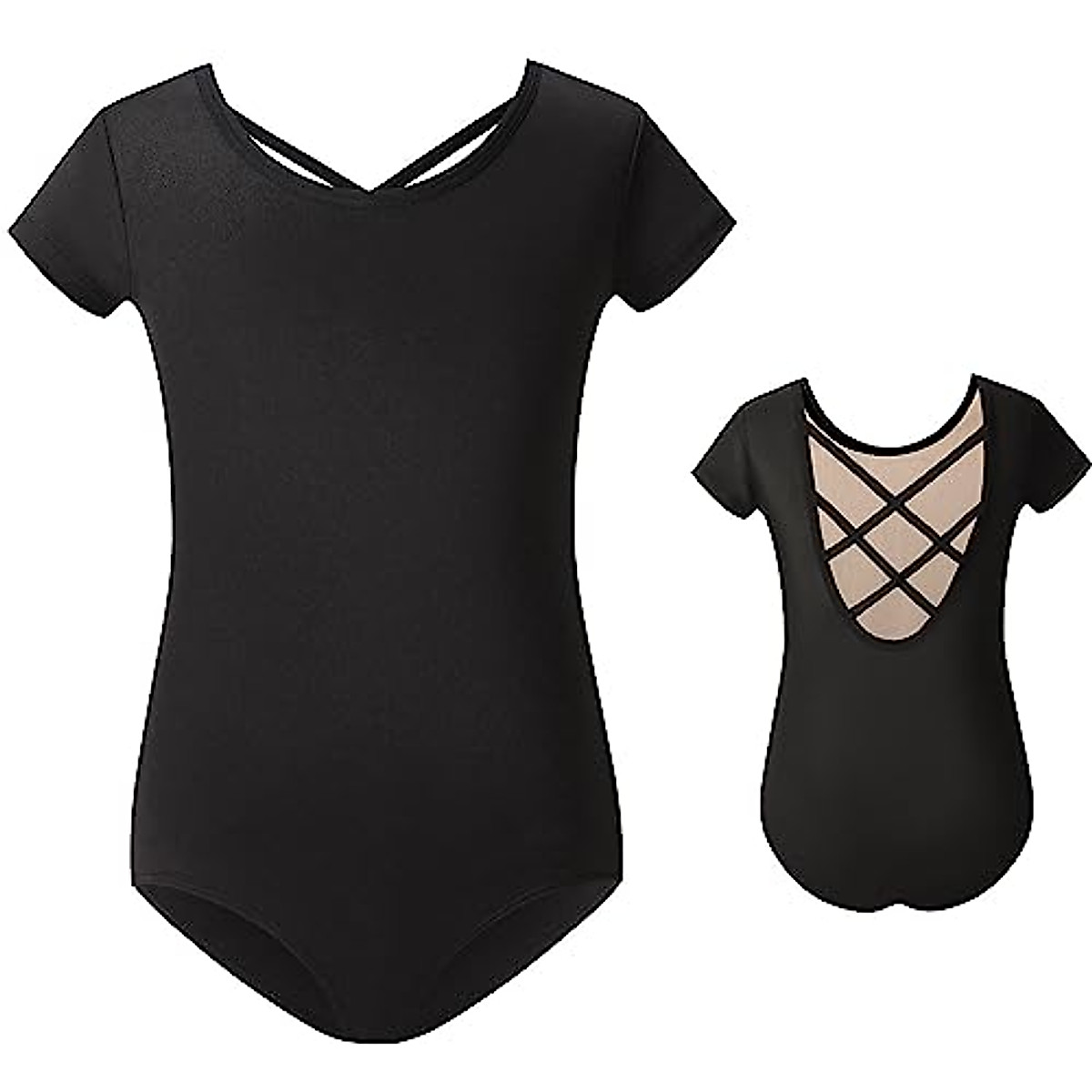 MdnMd Leotards for Girls Kids Dance Ballet Gymnastic Outfit Short Sleeve with Cross Back Detail (Black, Age 6-7)