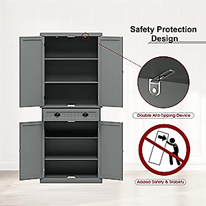 Function Home 72" Kitchen Pantry Cabinet, Tall Storage Cabinet, Freestanding Cupboard with Drawer and Adjustable Shelves, Pantry Cabinets for Kitchen Bathroom Living Room, Grey