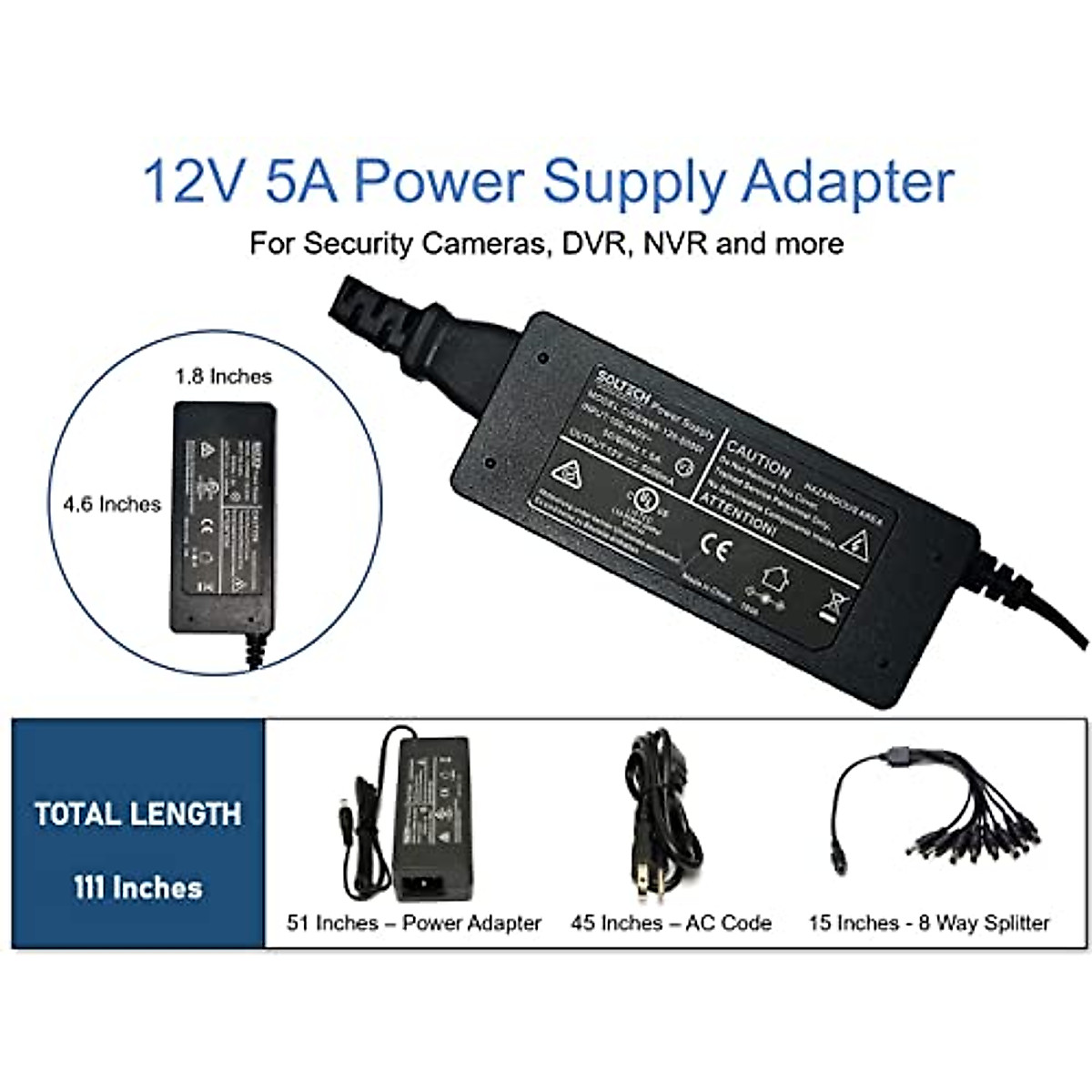 SOLTECH 12V 5A CCTV Adapter, Wisenet Compatible Security Camera Power Supply with 8-Way Splitter, AC DC Converter 100-240V to 12V 5A 60W Transformer, with Samsung Wisenet, Night Owl, Q-See, Black