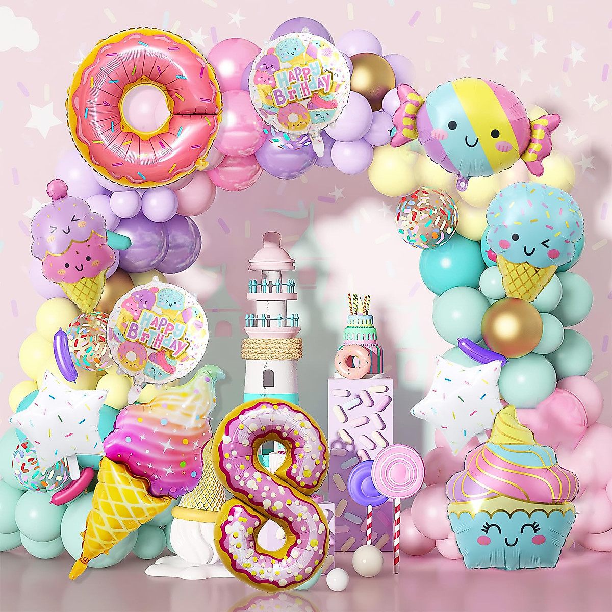 10Pcs Ice Cream Balloons, Ice Cream Donut Candy Birthday Number Mylar Foil Balloon Ice Cream Theme 8th Birthday Party Supplies Decorations (8th)