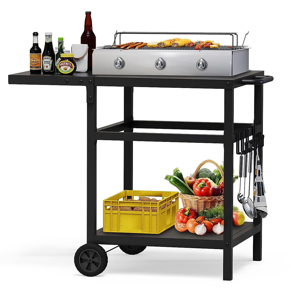 RAXSINYER Double-Shelf Grill Table Outdoor Grill Cart Movable BBQ Table Multifunctional Food Prep Table