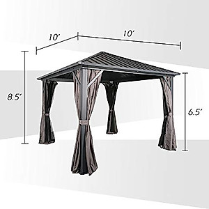 Peak Home Furnishings 10Ft x 10Ft Patio Hardtop Gazebo Outdoor Aluminum Pergola with Galvanized Steel Roof Canopy, Polyester Curtain and Mosquito Net