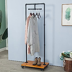 FURVOKIA Industrial Pipe and Wood Rolling Clothes Retail Heavy Duty Garment Racks,Metal Clothing Store Hanger Storage Shelves,Floor-Standing Display Rack,Decor Pipeline Shelf (Black)