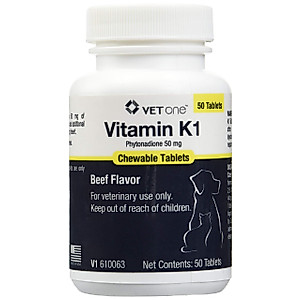 Vet One Vitamin K1 Chewable Tablets - Vitamin K1 for Dogs, Beef-Flavored Chewable Vitamins For Cats and Dogs (50 Tablets, Phytonadione 50mg)
