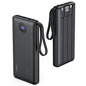Portable Charger with Built in Cables,VRURC 10000mAh Ultra Slim USB C Power Bank,5 Output 2 Input LED Display External Battery Pack Phone Charger Compatible with Smart Devices and Cell Phones(1 Pack)