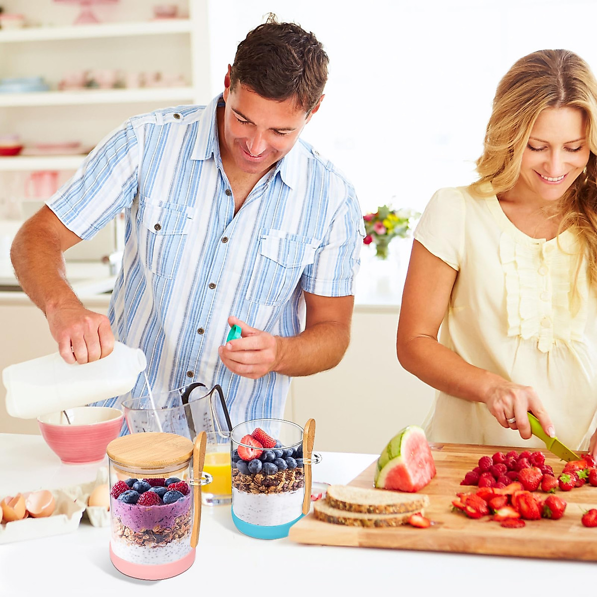 JinhzWin 4 Packs Overnight Oats Containers with Lids, 17 Oz Oats Overnight Glass Jar with Bamboo Spoon, Large Capacity Jars with 4 Colors Silicone Mats for Cereal Fruit Vegetable Yogurt Milk Salad