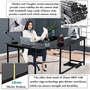 Computer Desk Modern L Shaped Desk, L Corner Desk Gaming Desk PC Laptop Study Wood Table Workstation,Home Office Save Space Study Writing Table with CPU Stand and 15mm MDF,66 Inch,Wood & Metal (Black)