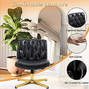 HomVent Armless Office Desk Chair No Wheels, PU Leather Tufted Padded Cute Desk Chair, Modern Ergonomic Computer Desk Chair w/Gold Cross Base,Adjustable Swivel Desk Chair for Makeup Vanity Study Black