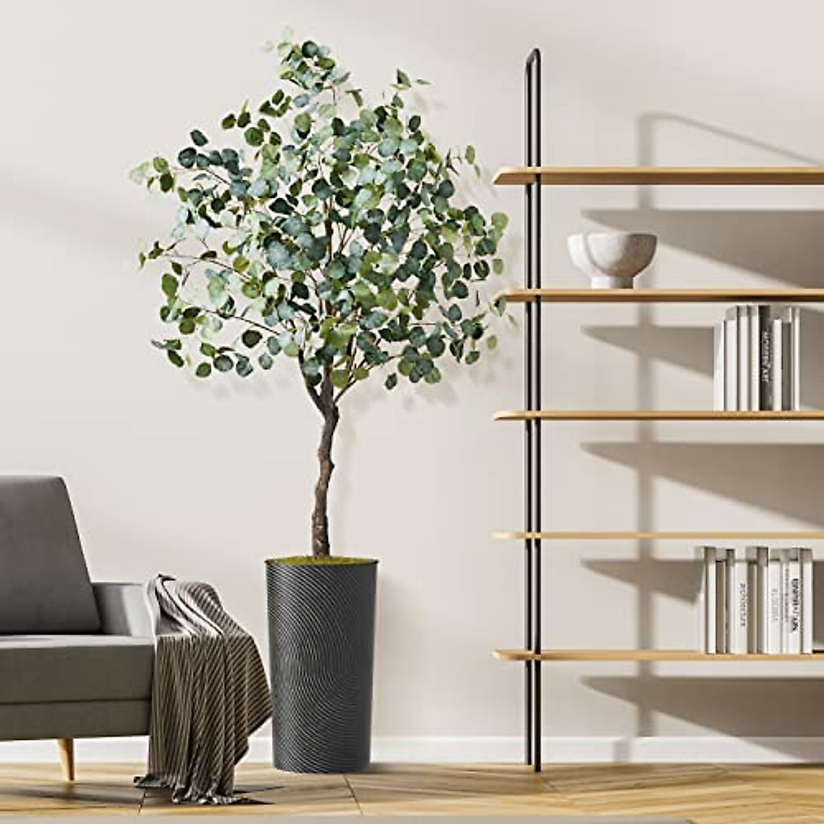 Artificial Tree in Geometric Spiral Pattern Planter, Fake Eucalyptus Silk Tree for Indoor and Outdoor Home Decoration - 66" Overall Tall (Plant Pot Plus Tree)