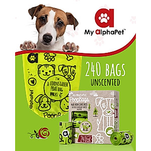 My AlphaPet Compostable Dog Poop Bags, Cornstarch Eco-Friendly, HOME COMPOST NF T 51-800, 240 Count, Large Size Bag 9x13 Inches, 16 Unscented Refill Rolls, Leak-proof, Plantbased, GM-Free Corn (Green)