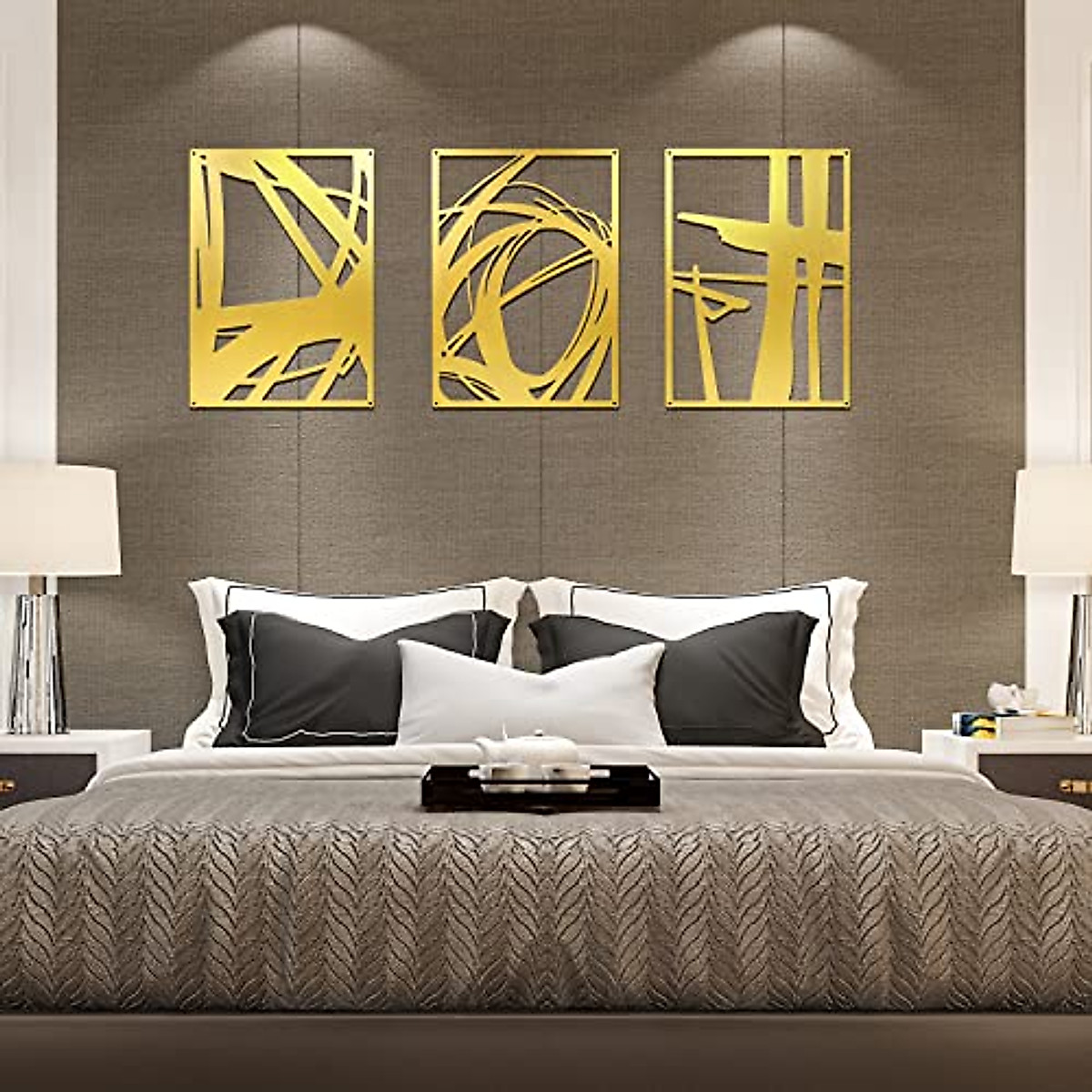 Geelin 3 Pcs Metal Wall Decor 16 x 11 Inch Abstract Metal Wall Art Modern Minimalist Geometric Wall Decor 3D Textured Metal Wall Sculptures for Home Bathroom Living Room Bedroom Dining (Gold)