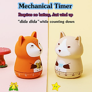 NUOSWEK Mechanical Kitchen Timer, Cute Animal Timer for Kids, Wind Up 60 Minutes Manual Countdown Timer for Classroom, Home, Study and Cooking (Orange Fox)