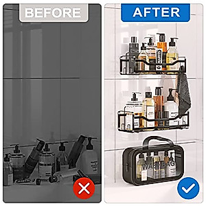 Scorsese Shower Caddy, Adhesive Shower Organizer No Drilling, 2-Pack Shower Shelves with Toiletry Bag, Rustproof Bathroom Shower Organizer for Inside Shower - Black