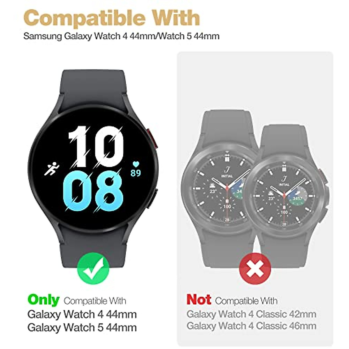 Dexnor for Galaxy Watch 4,Galaxy Watch 5 Case with Band 44mm,[Built-in Adjustable Band & Screen Protector] Rugged Military Grade Shockproof Cover with Band for Samsung Watch 4/5-44mm Women Men-Black