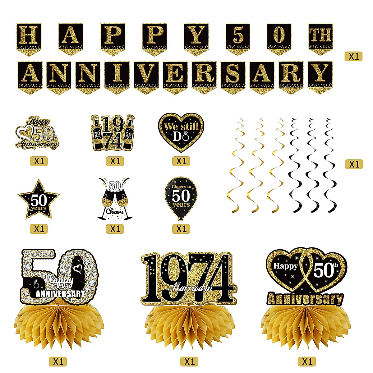 Bumqviy 50th Anniversary Decorations, 10pcs Happy 50th Wedding Anniversary Vintage 1974 Banner Centerpieces Kit, Cheers to 50 Years We Still Do Anniversary Ceiling Table Topper Sign Party Supplies