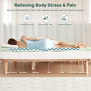 Lazyzizi Memory Foam Mattress Topper Queen, 4inch Dual Layer Cooling 2''Gel Green Tea Memory Foam & 2" Pillow Top Mattress Pad, 8-21inch Deep Pocket, Egg Crate for Back Pain Relief