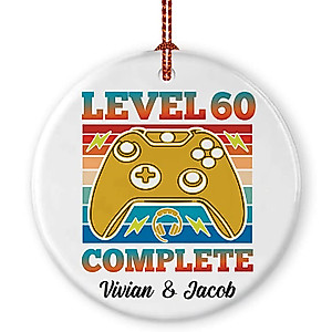 Prezzy 60th Birthday Ornament for Christmas Tree Keepsake Gifts for Men Women Friends Family Level 60 Complete Birthday Decorations Personalized Ornaments 3'' Circle Ceramic Hanging Pendants