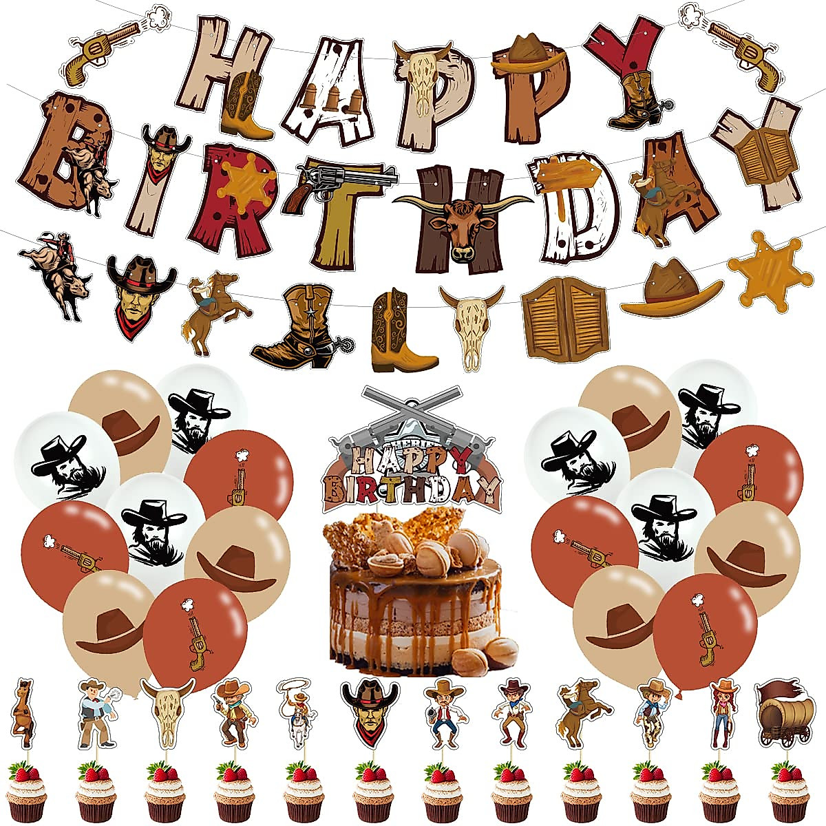 Cowboy Birthday Decorations, Wesrtern Horse Party Supplies with Cowboy Garland Happy Birthday Banner Cake Toppers Latex Balloons for Kids Boys Western Themed Birthday Party Decorations
