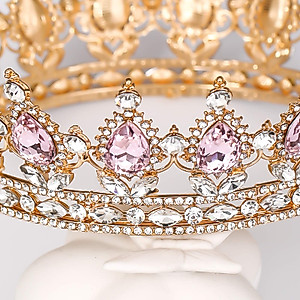 FORSEVEN Queen Crown Rhinestone Wedding Crowns and Tiaras for Women Costume Party Hair Accessories Princess Birthday Crown Crystal Bridal Crown (Gold+Pink)