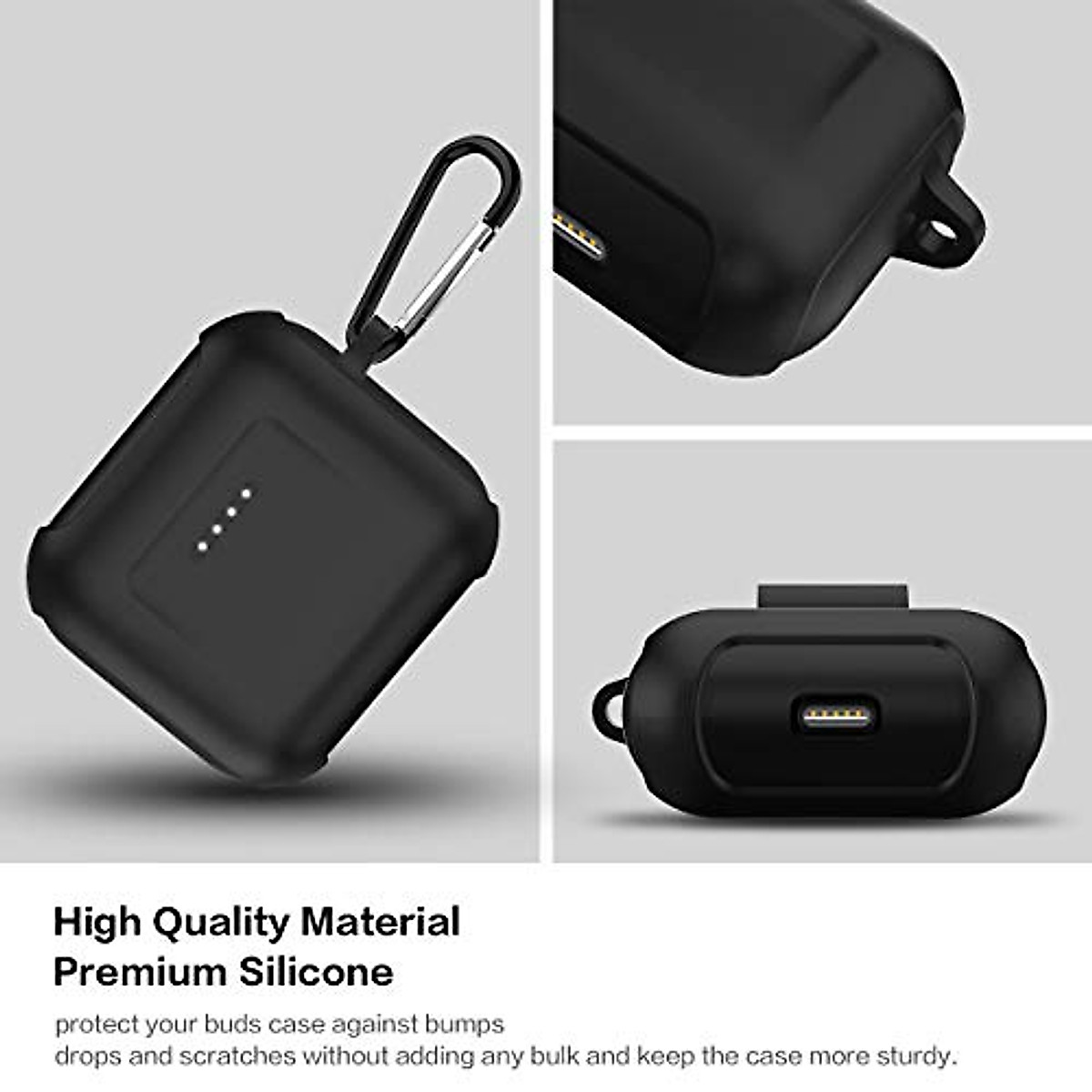 Premium Silicone Case Cover for Skullcandy Indy Evo, YIPINJIA Protective Shockproof Anti-Lost, 【Visible Front LED】 Cover for Skullcandy Indy EVO True Wireless Earbuds with Keychain(Black)