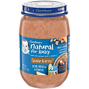 Gerber 3rd Foods Natural for Baby Grain & Grow Baby Food Jar, Pear Peach Oatmeal, Made with Natural Fruit & Vitamin C with Advanced Texture, 6 OZ Glass Jar (Pack of 12)