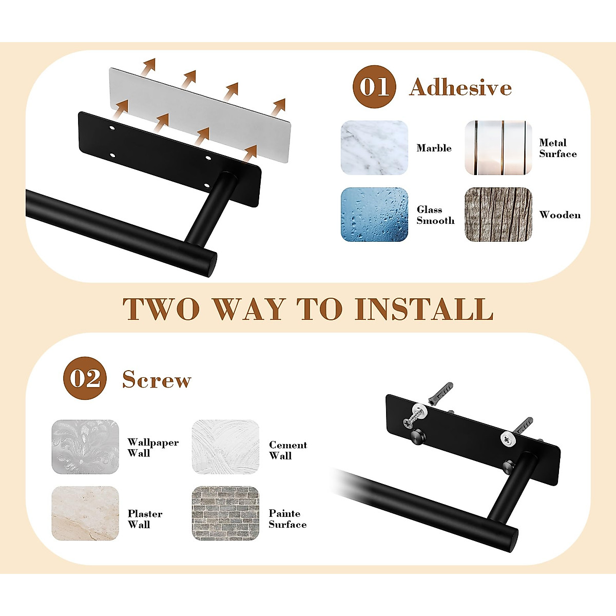 Paper Towel Holder Under Cabinet, Black Drilling or Self Adhesive Paper Towel Holder, Paper Towel Roll Rack, SUS304 Stainless Steel Under Counter Paper Towel Holder for Kitchen, Pantry, Sink, Bathroom