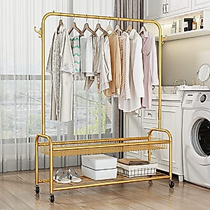 Thick forest Gold Clothes Rack Gold Clothing Rack Gold Garment Rack Rolling Organizer with Wheels Bottom Shelves Double Tiers for Multipurpose