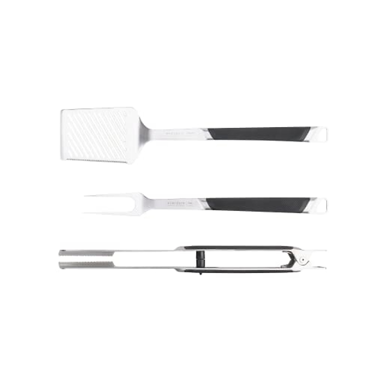 Everdure by Heston Blumenthal Premium Pack of 3 BBQ Tool Kit: Brushed Stainless Steel Tongs, Spatula and Fork with Soft Grip Handles and Hang Zone