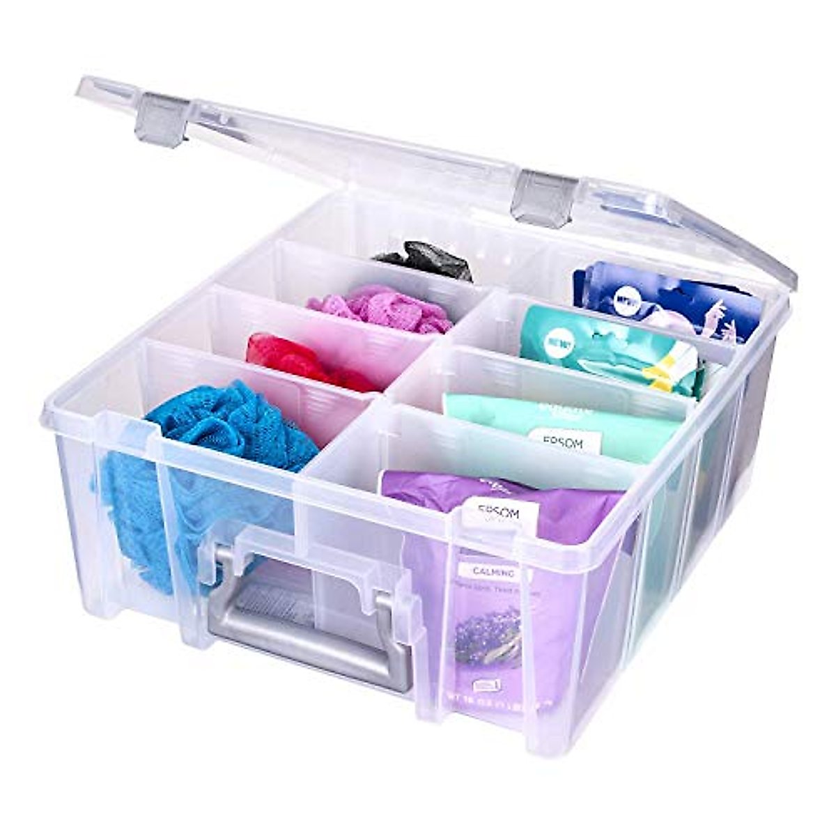AB Designs 6990ABD Super Satchel Double Deep with Removable Dividers, Stackable Home Storage Organization Container, Clear with Sliver Latches and Handle