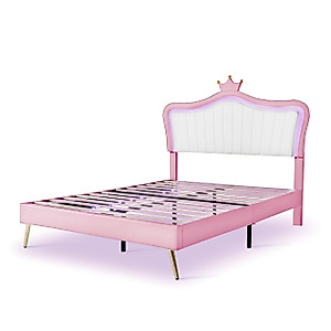 CKLMMC Cute Queen Size Upholstered Princess Bed with Crown Headboard, Modern Upholstered Bed Frame with LED Lights, No Box Spring Required (White+Pink/Princess1)