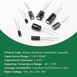 Uiusaur 0.1uF－1000uF Capacitors 24 Value 500pcs Individual Box Lid Electrolytic Capacitor Assortment Kit for Industrial Electrical and Arduino，TV, LCD Monitor, Radio, Stereo, Game, Water Heater, etc.