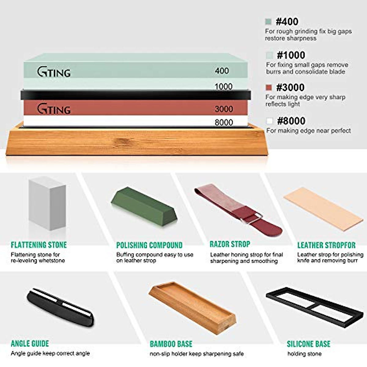 Knife Sharpening Stone Set, G-TING 400/1000 and 3000/8000 Grit Whetstone Knife Sharpener Kit with Leather Razor Strop, Leather Honing Strop, Polishing Compound, Bamboo Base and Flattening Stone