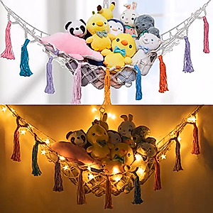 HAUTOCO Stuffed Animal Net or Hammock with LED Light Corner Hanging Net for Stuffed Toy Stuffed Animal Storage Organizer Holder for Nursery Bedroom Play Room Decor