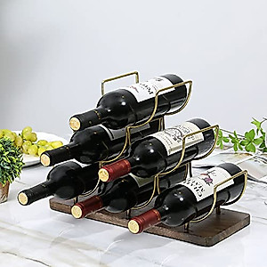 MyGift Brass-Tone Metal Wire Wine Rack with Natural Mango Wood Base, 6 Bottle Tabletop Wine Holder Stand - Handcrafted in India