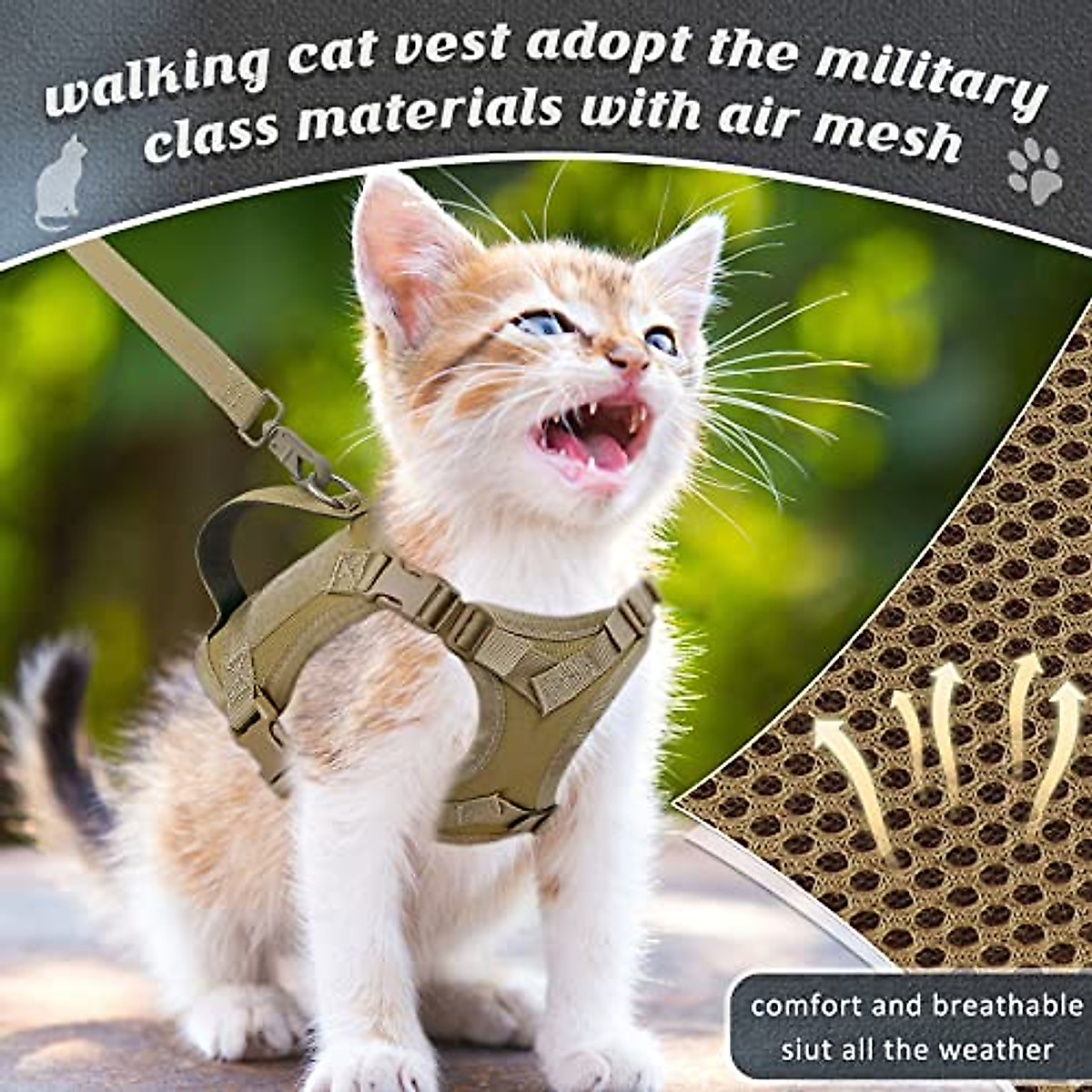 Cat Harness and Leash Set for Travel Training, no Pull Escape Soft Control Handle Tactical Vest for Puppy Kitten Small cat with ID tag,Adjustable snug Jacket Breathable air mesh Universal Anxiety