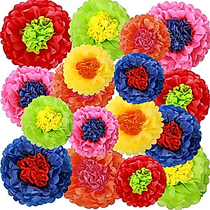 Colorful Fiesta Paper Flowers Tissue Paper Flowers Mexican Carnival Pom Flower Baby Shower Decor Floral Party Backdrop Wedding Birthday Party Craft for Wall (18 Pieces)