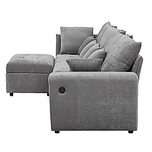 P PURLOVE Modern Sectional Sofa with Convertible Ottoman, Chenille 4-Seat L-Shape Couch with Pillows for Living Room, Apartment, Office, 3 USB Ports (Grey)