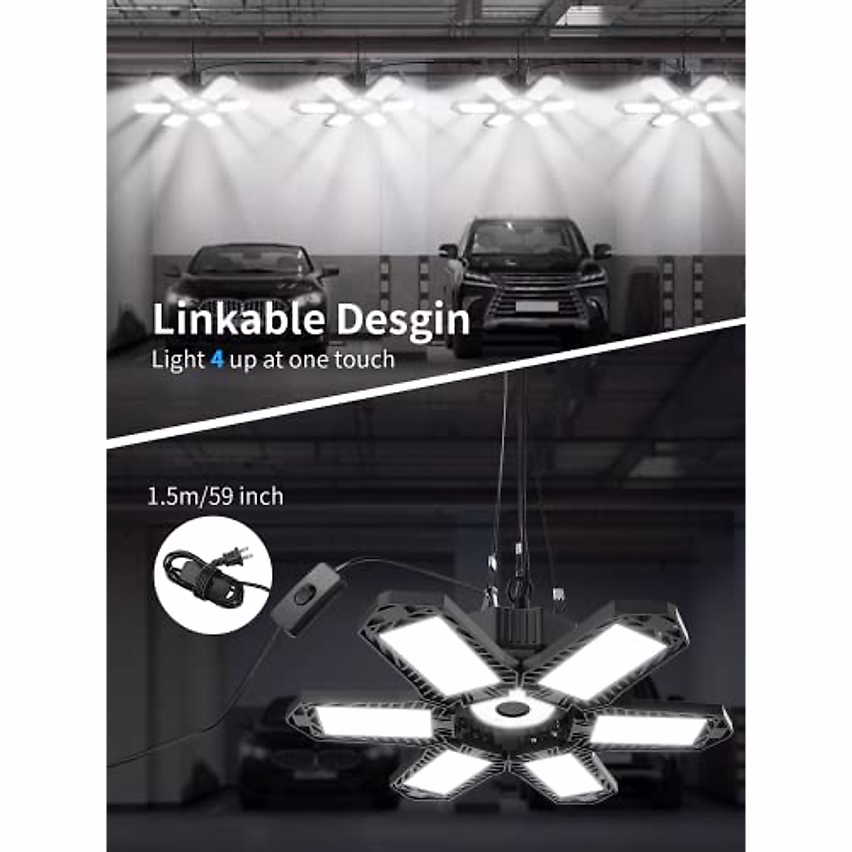 LED Garage Light, 185W 18500LM Plug in LED Shop Light, Linkable Garage Light with Plug Deformable 6 Panels, 6500K LED Garage Ceiling Lights for Garage, Warehouse, Barn, Basement Built-in ON/Off