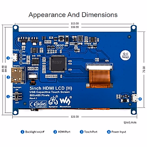 Bicool 5inch HDMI LCD Rev 4, 800x480 Capacitive Touchscreen Monitor TFT Display for All Raspberry Pi 4B/3B+/3B/Zero/Zero W/WH, Support Windows 10/8.1/8 / 7,5-Points Touch Driver Free Toughened Glass