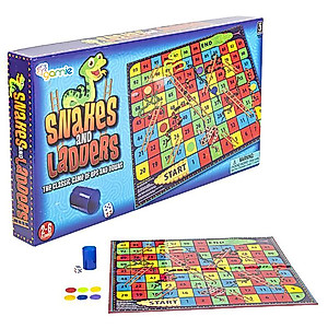 Gamie Snakes and Ladders Board Game for Kids, Complete Set with Board, 6 Pegs, and Dice, Classic Fun for Family Game Night and Classroom, Best Birthday Gift Idea for Boys and Girls