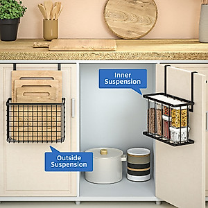 iNUREYE 2 Pack Cabinet Door Organizer, Kitchen Wall Mount Storage Basket, Cutting Board Organizer with Towel Bar, Over The Cabinet Door Organizer with Towel Rack Black