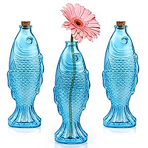 MDLUU 3-Pack Fish Shaped Glass Bottles, Decorative Bottles with Cork Stopper, Fish Decanters for Gift, Bar, Home Decor, Capacity 500ml/17.5oz (Blue)