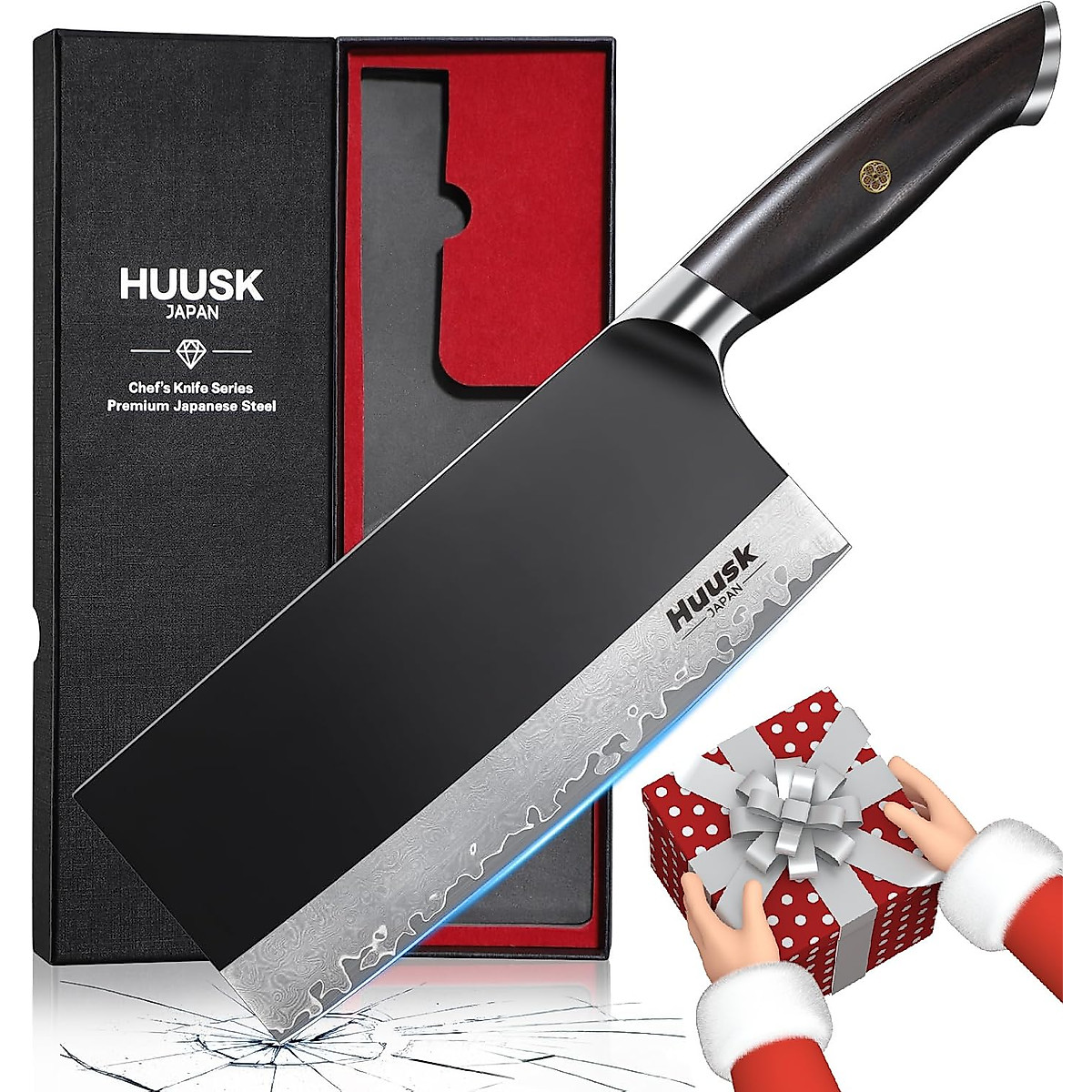 Huusk Butcher Knife for Meat Cutting, 7.5 inch Meat Cleaver Knife, Professional Chopping Knife, Full Tang Chef Knife with Damascus Texture, Japanese Cooking Knife with Ergonomic Handle, Gift for Men