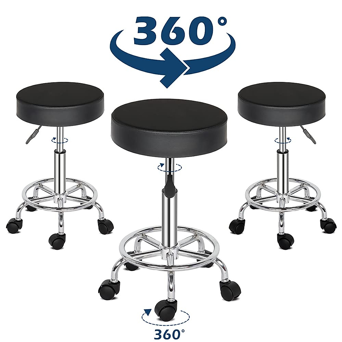 Salon Spa Stools Barstools PU Leather Modern Round Rolling Stool with Footrest Height Adjustable Spa Drafting Salon Tattoo Work Massage Stools Task Chair (Black 2)