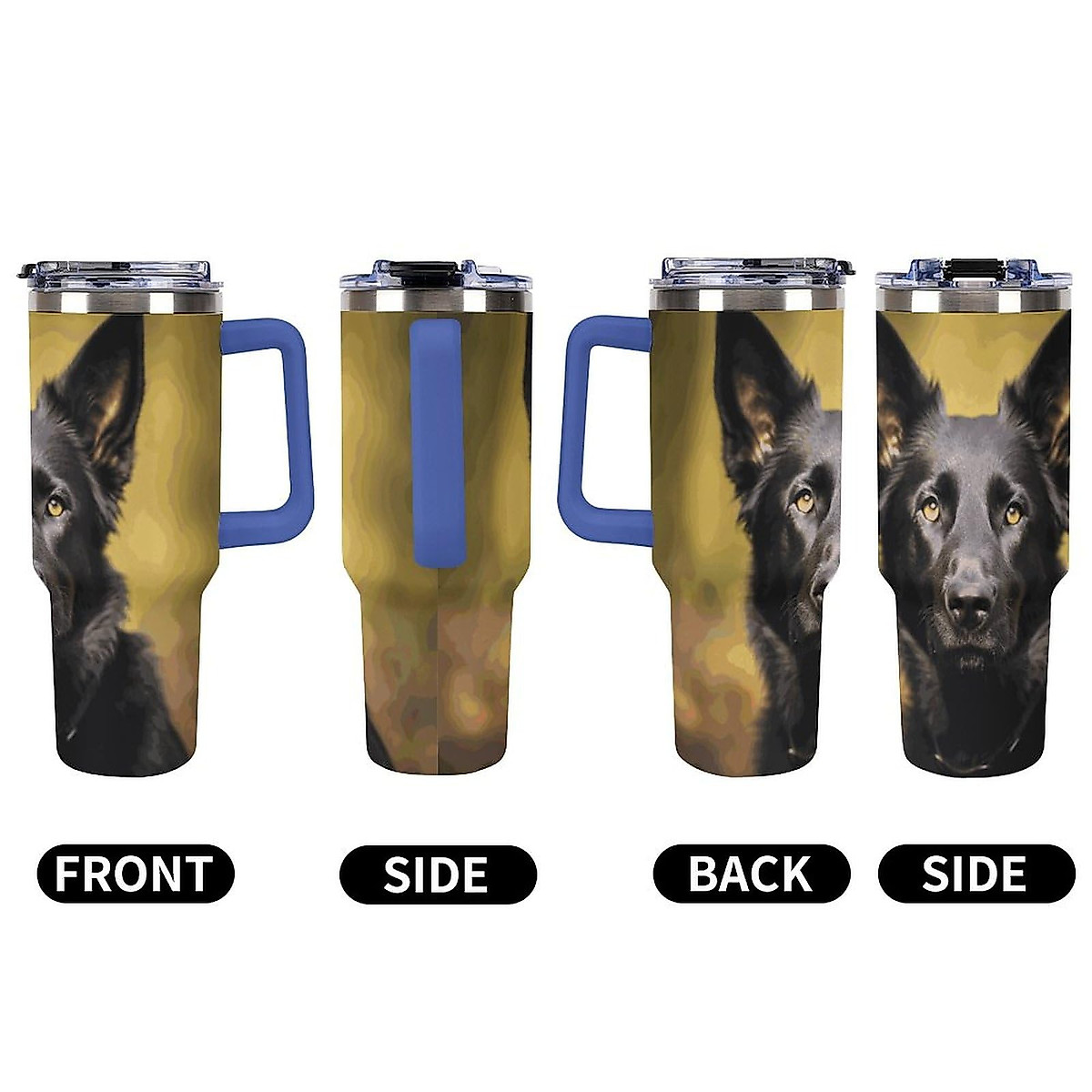 40 Oz Vacuum Tumbler with Deep Blue Handle Leakproof Insulated Tumbler Black German Shepherd Dog Stainless Steel Travel Mug with Lid And Straw Coffee Cup Cute Water Bottles Cup Holder Friendly