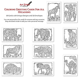 Art Eclect Coloring Nature Greeting and Thank You Note Cards, Zentangle Wildlife Animals Designs, 10 Cards with Green Envelopes included (Wildlife/Green 10 cards)