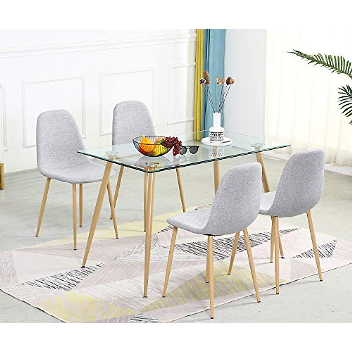 Bacyion Modern Dining Room Table Set 5 Pieces Dining Table Set for 4 - Rectangle Glass Dining Table with 4 Grey Fabric Dining Chairs - Kitchen & Dining Room Sets for Dining Room Kitchen